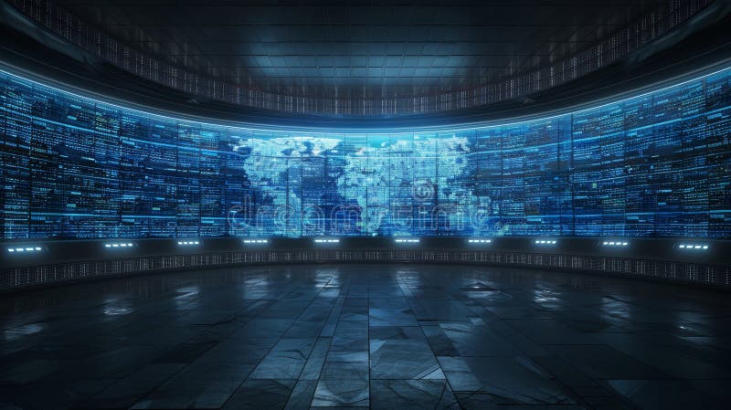 Futuristic Control Room with Digital Interfaces and World Map Displayed ...