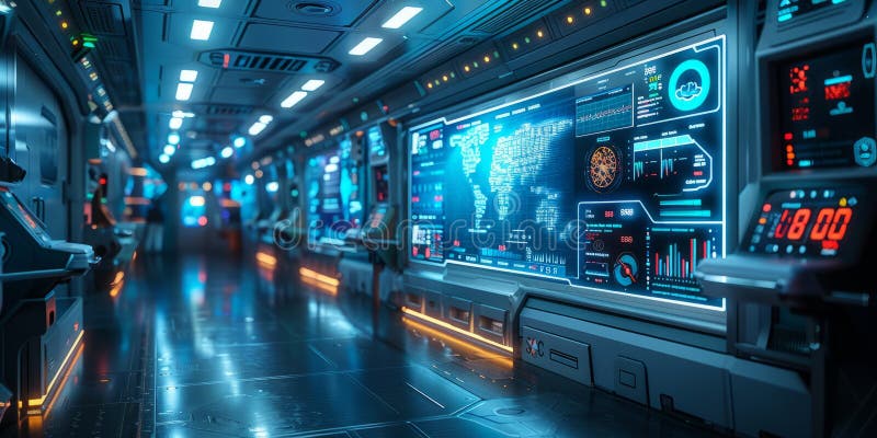 Futuristic Control Room with Digital Screens Displaying Data and ...