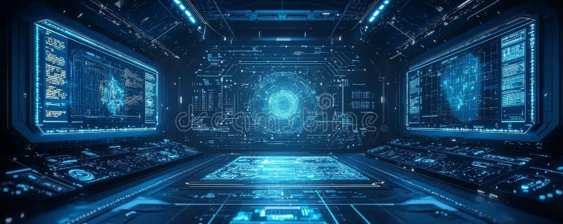Futuristic Control Room with Digital Screens and Holographic Interface ...