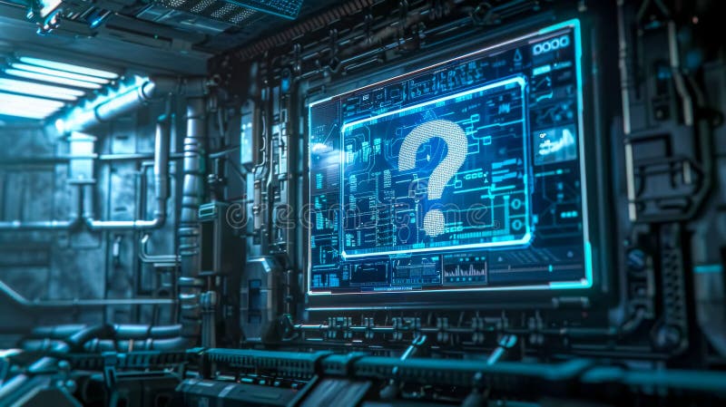 Futuristic Control Room Displaying Question Mark and Technical Data ...