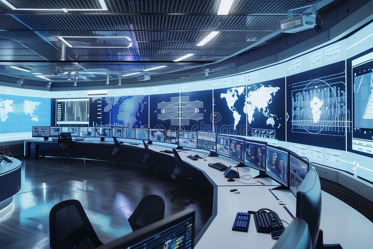 High-Tech Control Room with Digital Interfaces and Global Data Displays ...