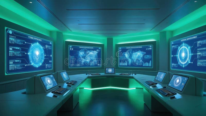 Futuristic Control Room Featuring Multiple High-tech Screens and Green ...