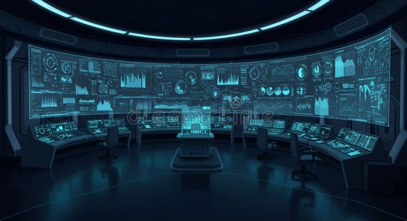 Futuristic Control Room Featuring a Panoramic Display of Digital ...