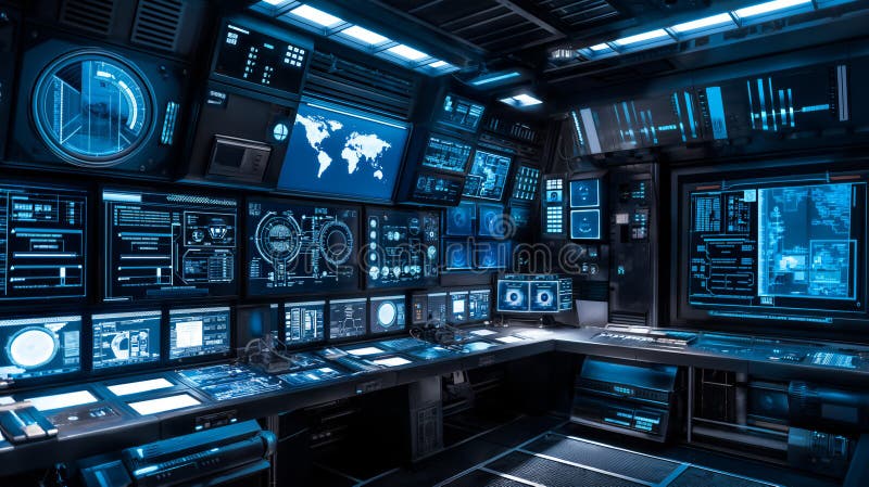 Futuristic Control Room Filled with Advanced Monitors and Blue Lighting ...