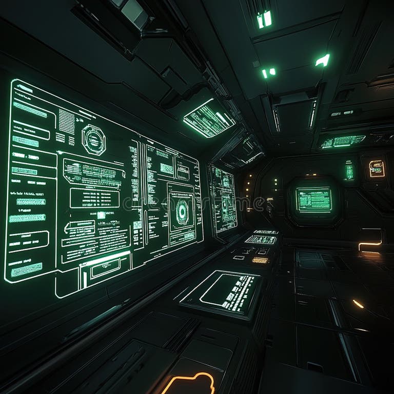 Futuristic Control Room Filled with Illuminated Digital Displays and Interfaces in a Sci-fi ...