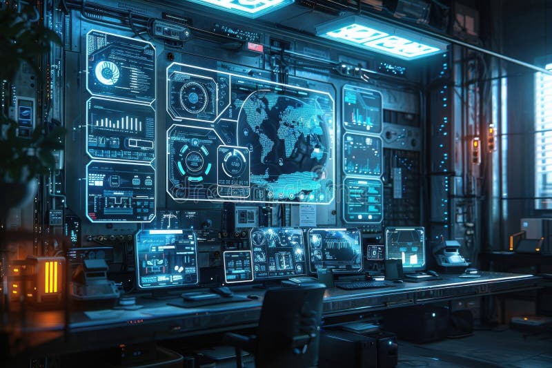 Futuristic Control Room with Global Monitoring System Stock ... Futuristic Control Room with Global Monitoring System Stock ...