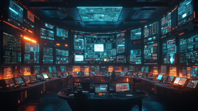 Futuristic Control Room with Glowing Blue and Orange Screens Stock ...