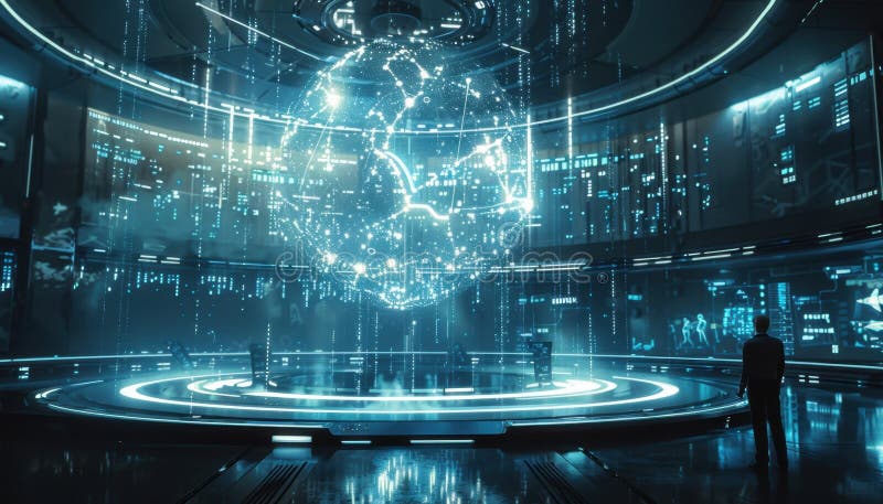 Futuristic Control Room with Glowing Globe Displaying Data Stock Image ...