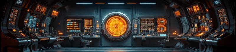 Futuristic Control Room with Glowing Orange Screens and Panels Stock ...