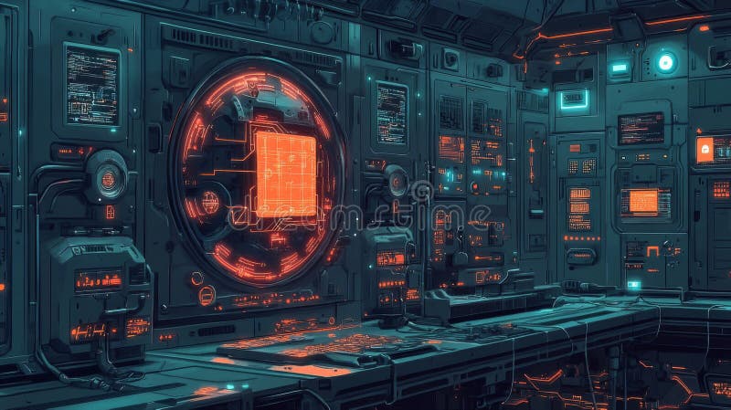 Futuristic Control Room with Glowing Orange and Teal Interfaces Stock ...
