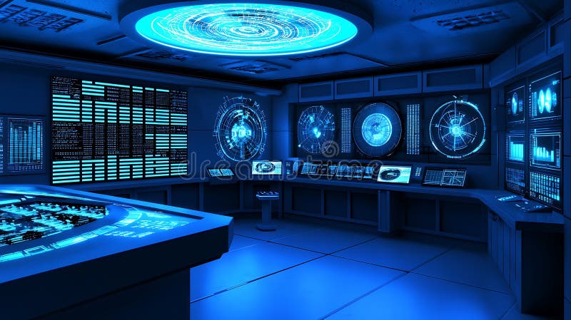 Futuristic Control Room with Glowing Screens and Holographic Displays ...