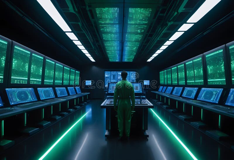 Futuristic High-Tech Control Room with Data Screens and Green Holograms ... Futuristic High-Tech Control Room with Data Screens and Green Holograms ...