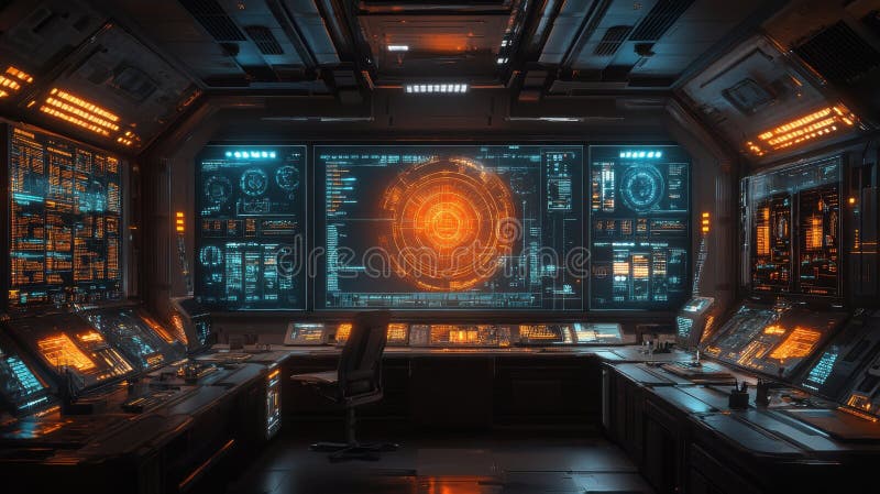 Futuristic Control Room with High-tech Digital Displays and Glowing ...