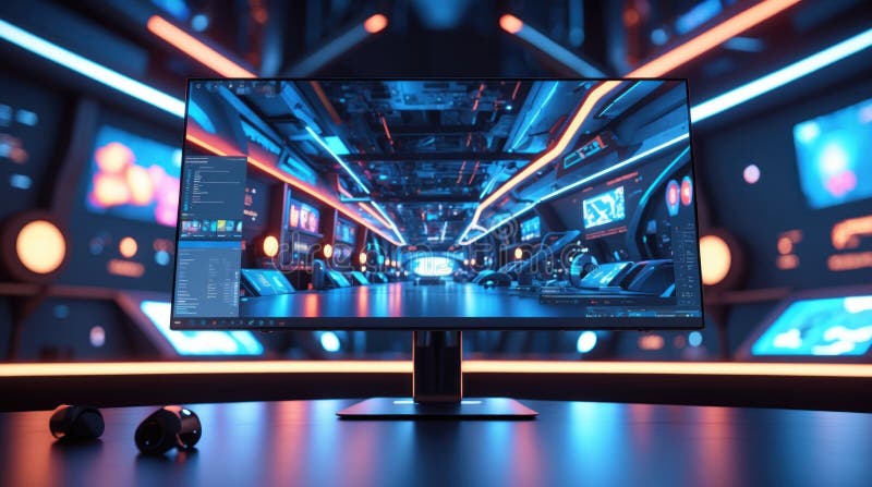 Futuristic Neon Computer Room High Tech Displays Lighting Stock Photos ...