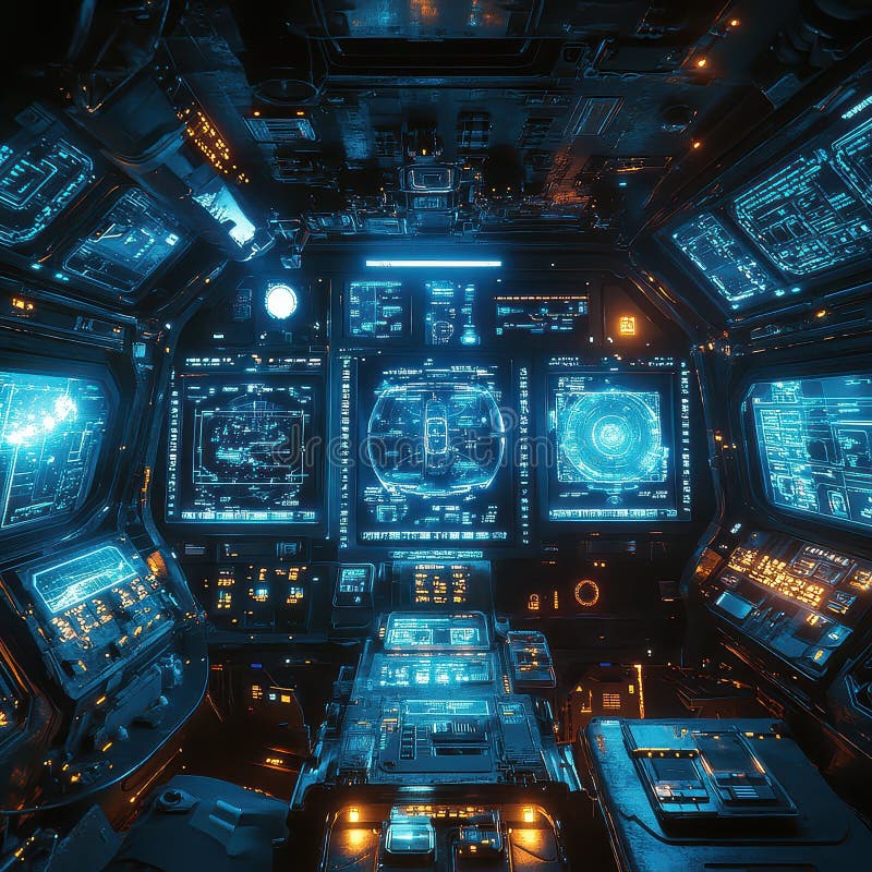 Futuristic Control Room with High-Tech Screens and Neon Lighting Stock ...