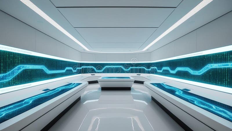 Futuristic Control Room with Holographic Displays and Flowing Binary ...