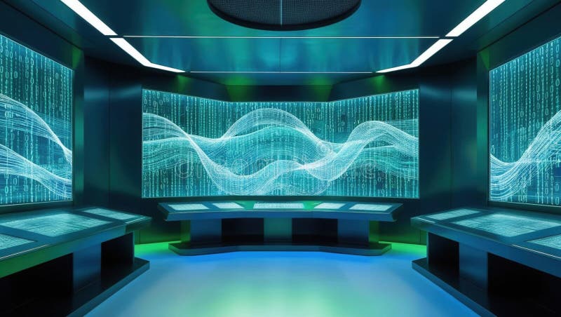 Futuristic Control Room with Holographic Displays and Flowing Binary ...