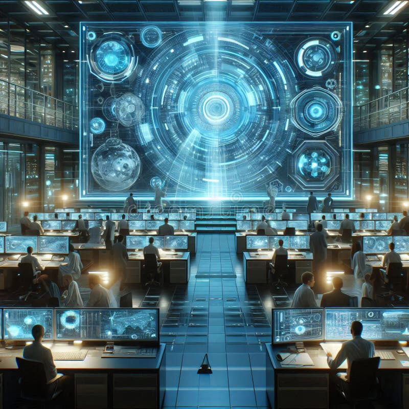 A Futuristic Control Room with Holographic Displays and Operators Stock ...