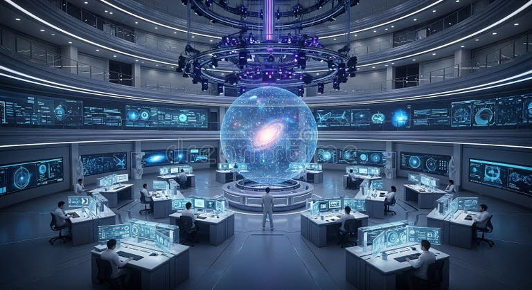 Futuristic Control Room with Holographic Galaxy Display, Scientists ...