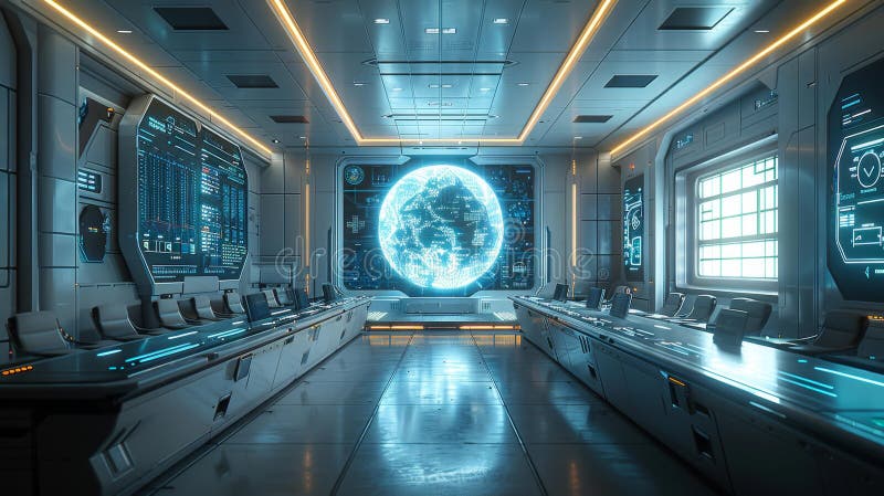 Futuristic Control Room with Holographic Globe - Generative AI Stock ...