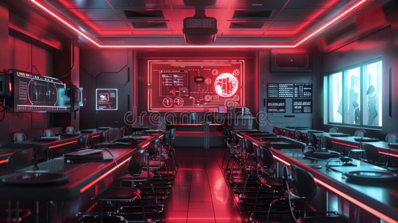 Futuristic Control Room with Illuminated Panels and Screens Stock ...