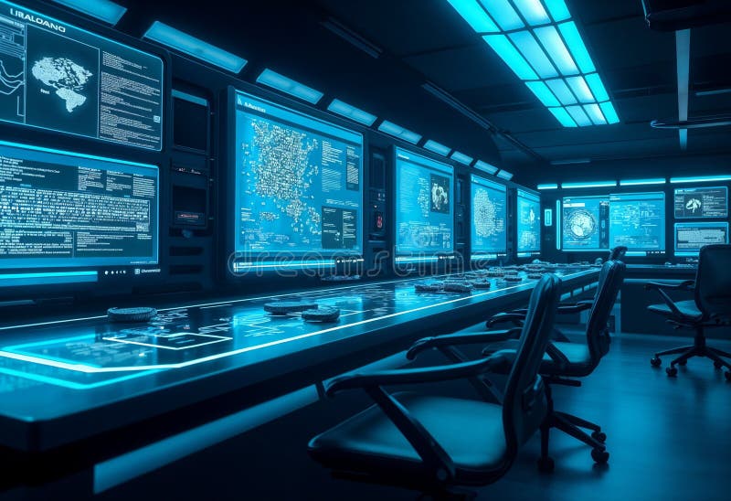 Futuristic Control Room with Illuminated Screens Displaying Data and ...
