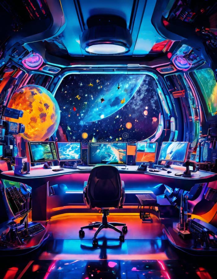Vibrant Space-themed Control Room with Multiple Monitors Stock Image ...
