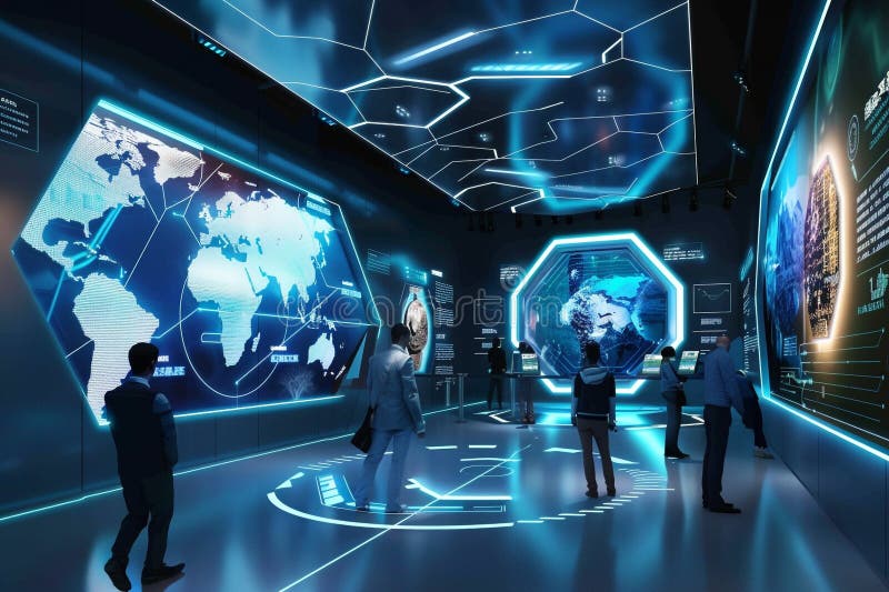 Futuristic Control Room with Interactive Displays Stock Illustration ...