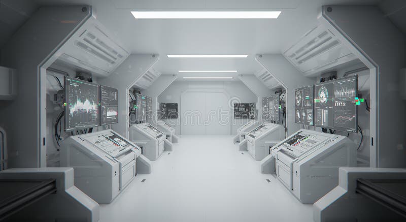 Futuristic Control Room Interior with Data Displays and Consoles Stock ...