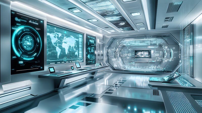 Futuristic Control Room Interior Glowing Cyan Interfaces and Sleek ...
