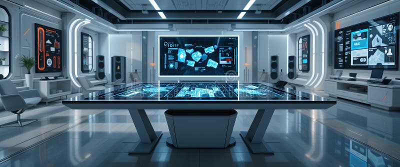 Futuristic Control Room Interior with Holographic Displays and ...