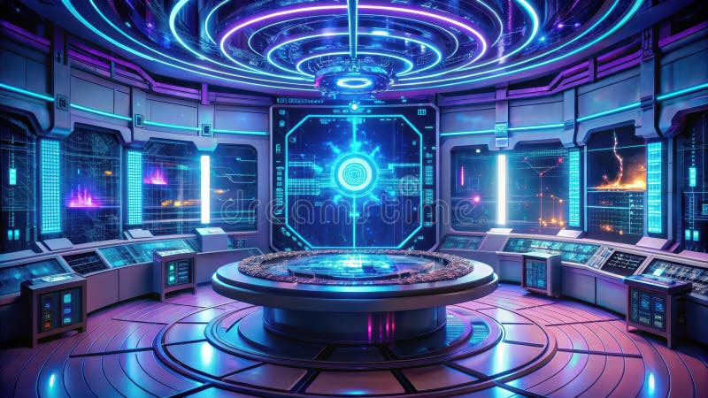 Futuristic Control Room Interior with Interactive Displays and Central ...