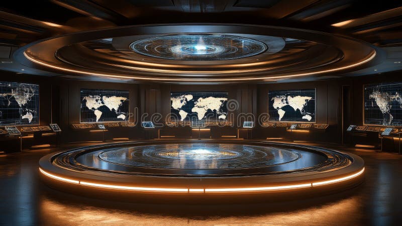 Futuristic Control Room Interior with World Map Displays Stock ...