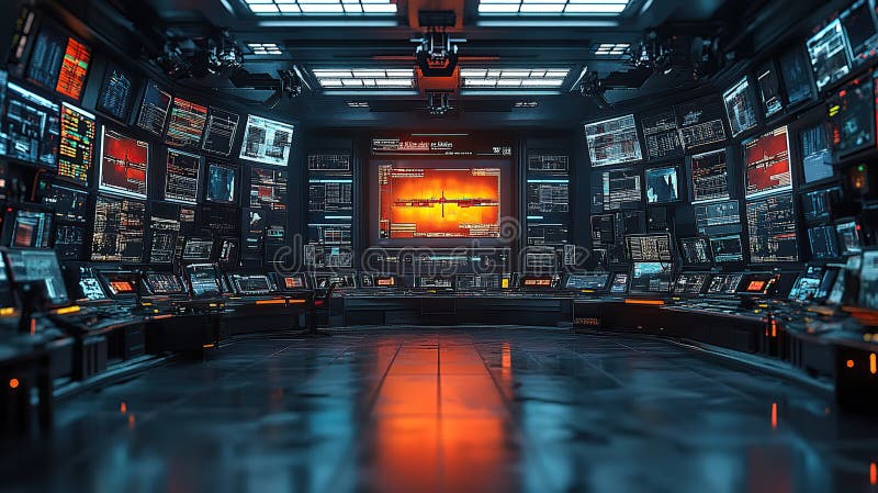 Futuristic Control Room with Many Monitors Displaying Data and a Large ...