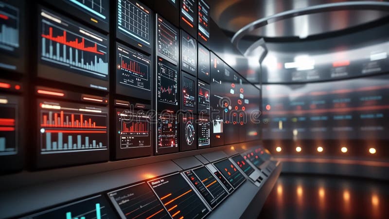 Futuristic Control Room Monitoring Showing Charts and Graphs on ... Futuristic Control Room Monitoring Showing Charts and Graphs on ...