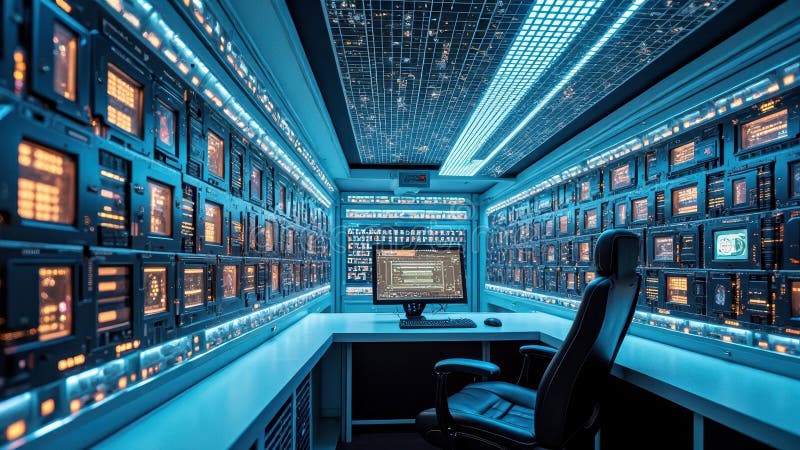 Futuristic Control Room with Monitors Featuring Digital Interfaces and ...