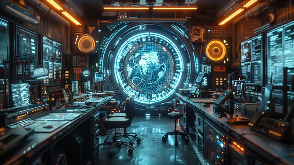 Futuristic Control Room with Global Network Display Stock Image - Image ...