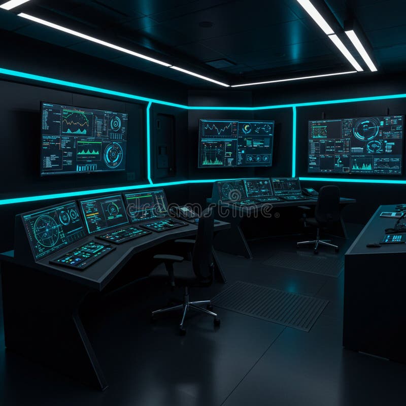 Futuristic Control Room with Multiple Large Screens Displaying Data ...