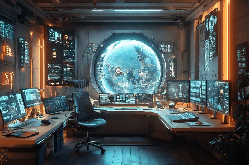 Futuristic Control Room with Multiple Monitors and a Glowing Earth ...