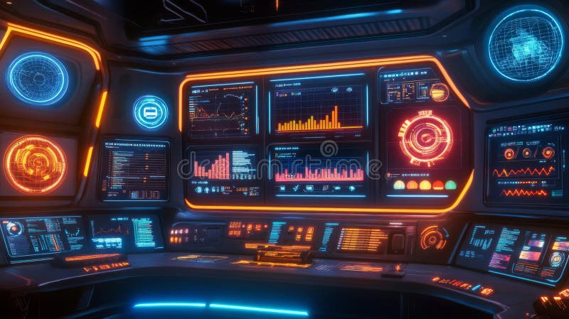 Futuristic Control Room with Multiple Screens Displaying Data and ...