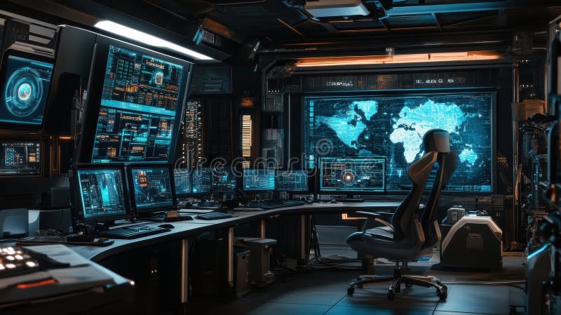 A Futuristic Control Room with Multiple Screens Displaying Data and Maps Stock Illustration ...