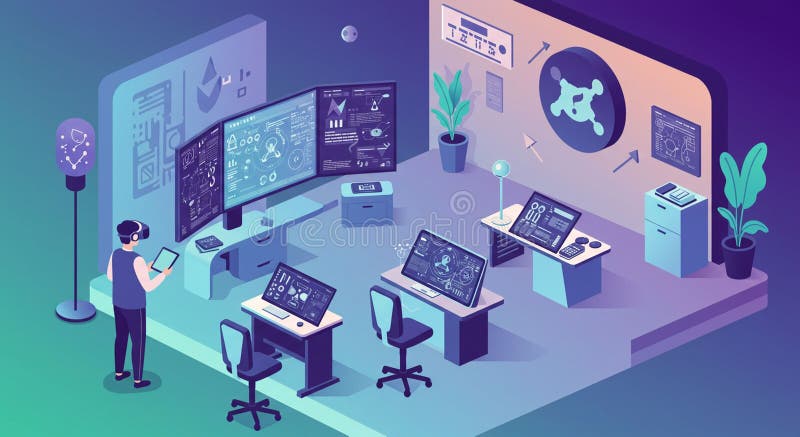 Futuristic Control Room with Multiple Screens Displaying Digital Data ...