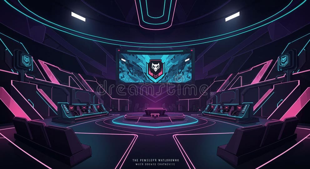 Futuristic Control Room with Neon Lighting, Featuring a Large Central ...