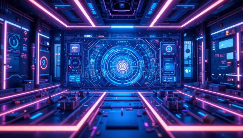 Futuristic Control Room with Neon Lights and a Bright Portal Stock ...