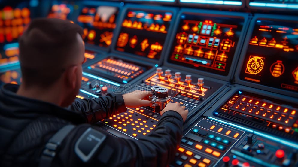 Futuristic Control Room Operator Navigating Complex Systems with ...
