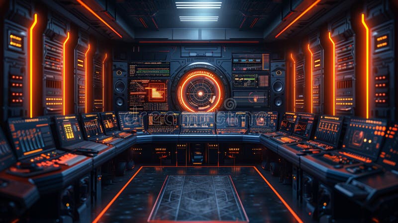 Futuristic Control Room with Orange Lighting and Advanced Technology ...