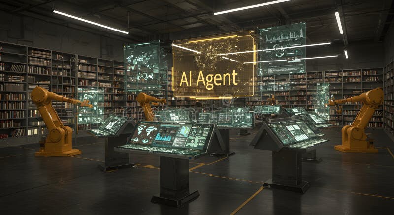 Futuristic Control Room with Robotic Arms and Holographic Displays in ...