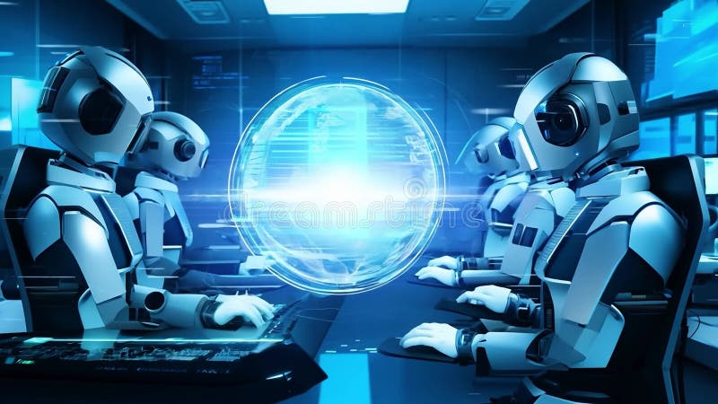 Futuristic Control Room with Robotic Team Analyzing Holographic Data ...