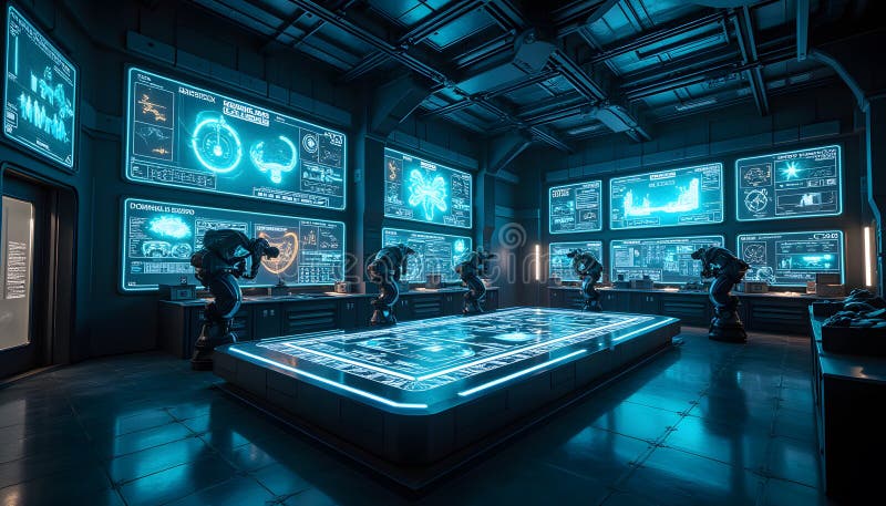 Futuristic Control Room with Robotic Technology and High-Tech Displays ...