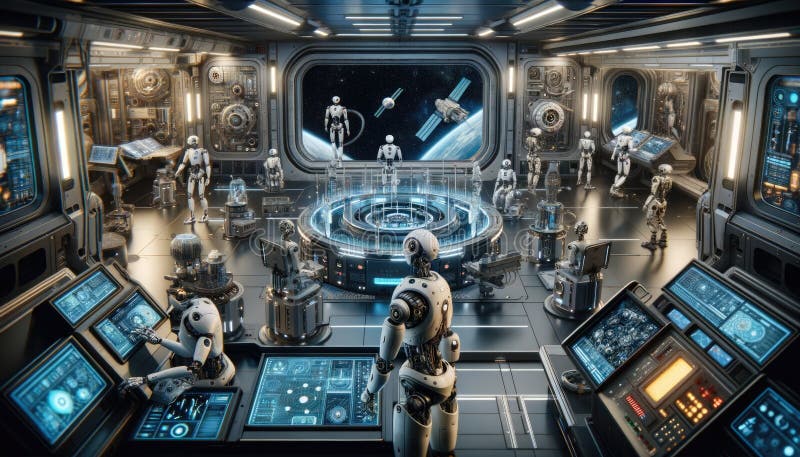 Futuristic Control Room with Robots and a Large Window Looking Out into ...
